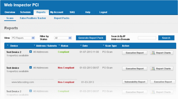 Viewing Scan Reports, Scan Report, Vulnerability Report | Comodo Web Inspector